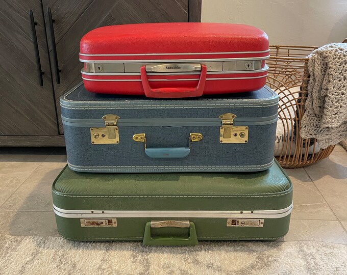 Vintage Suitcases Samsonite Bright Red Green Trojan Blue Suitcase Vintage Luggage Hard Shell ...