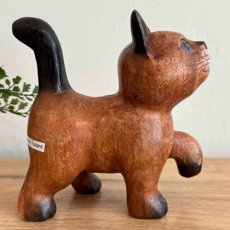 Vintage Wooden Cat Figurine | Hand Carved Cat Statue | Boho Shelf Decor ...