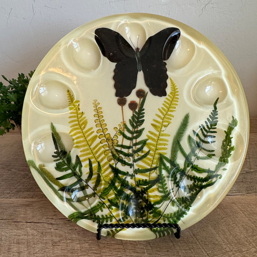 Vintage Butterfly Deviled Egg Dish - Butterfly Decor - Pressed Fern ...