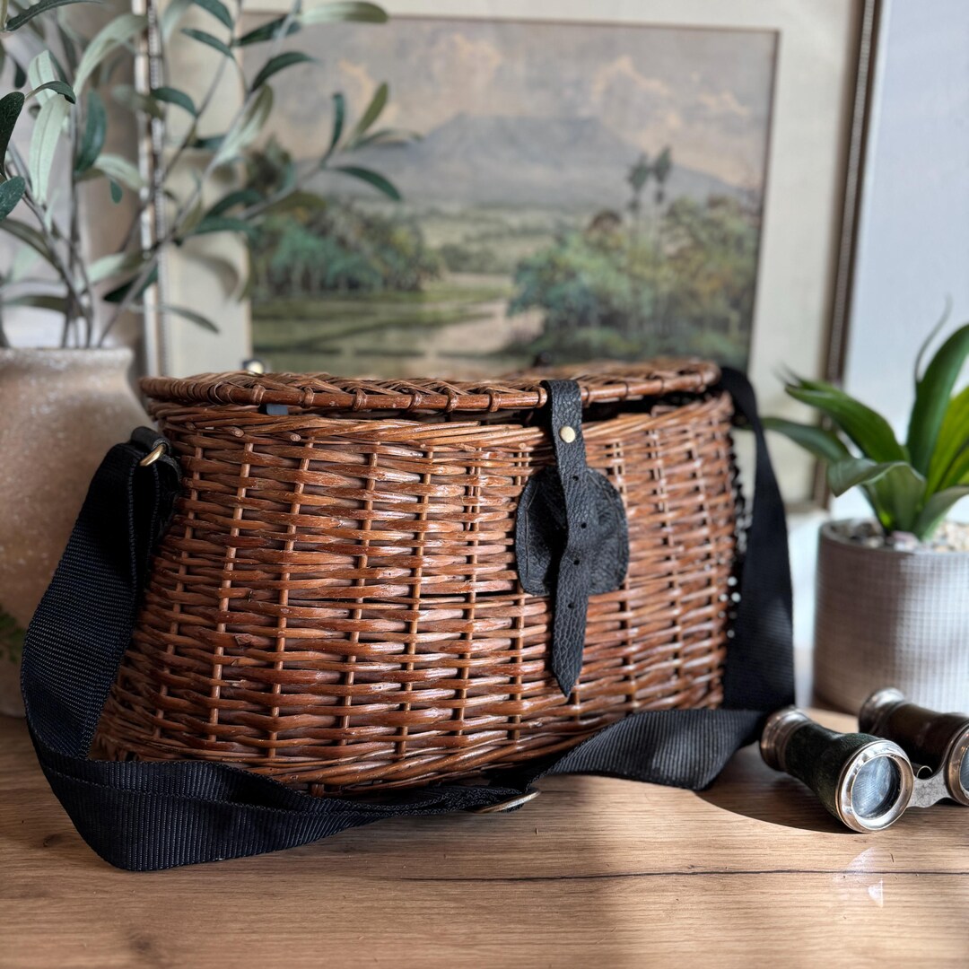 Vintage Fishing Basket | Wicker Creel Basket With Strap and Leather ...