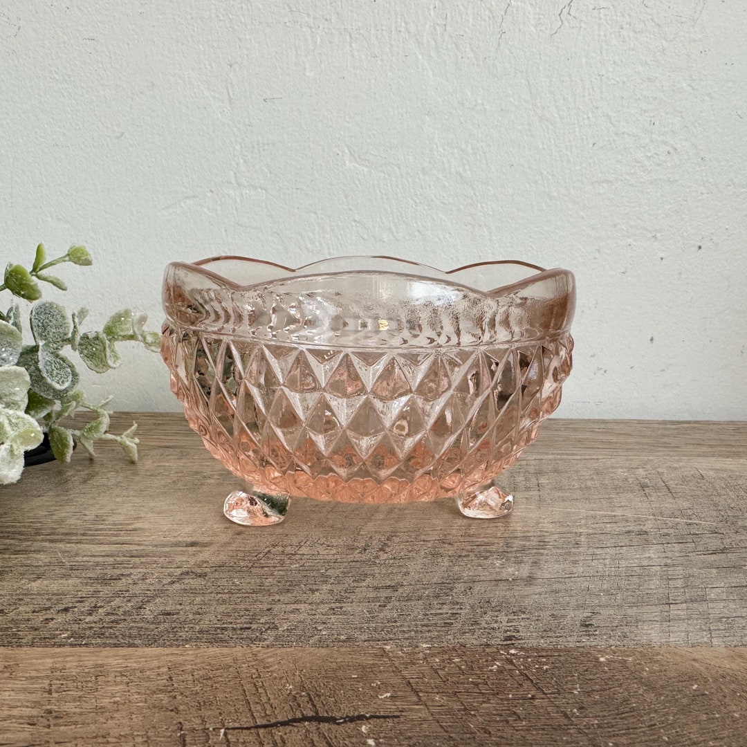 Vintage Pink Glass Dish - Indiana Glass - Diamond Point - Footed Dish ...
