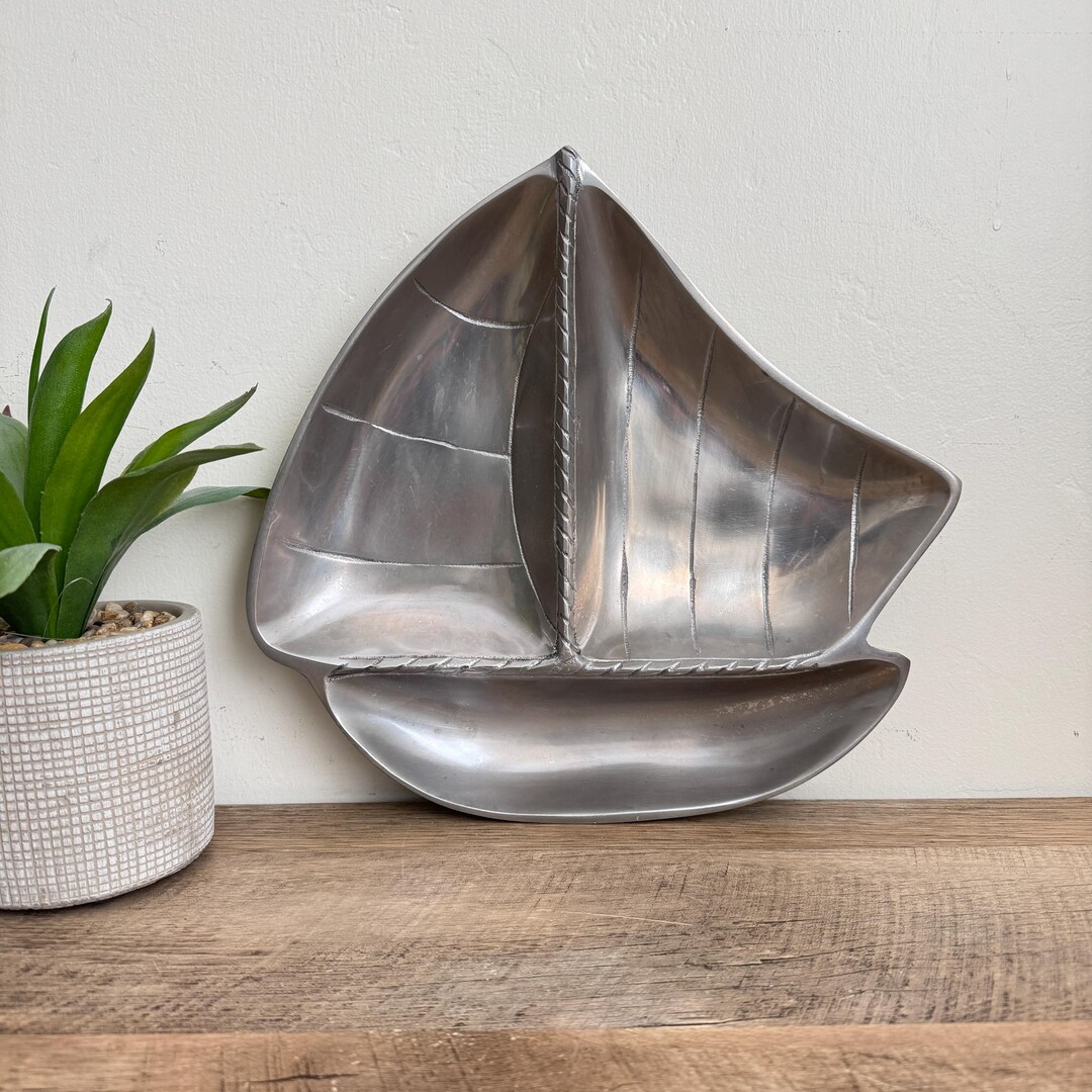 Vintage Sailboat Tray - Nautical - Coastal - Decor - Boat - Silver ...