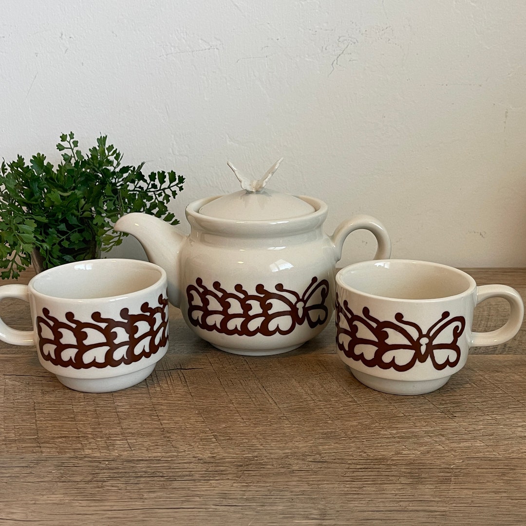 Vintage Butterfly Teapot and Mugs - Boho - Kitchen - Teapot - Stackable ...