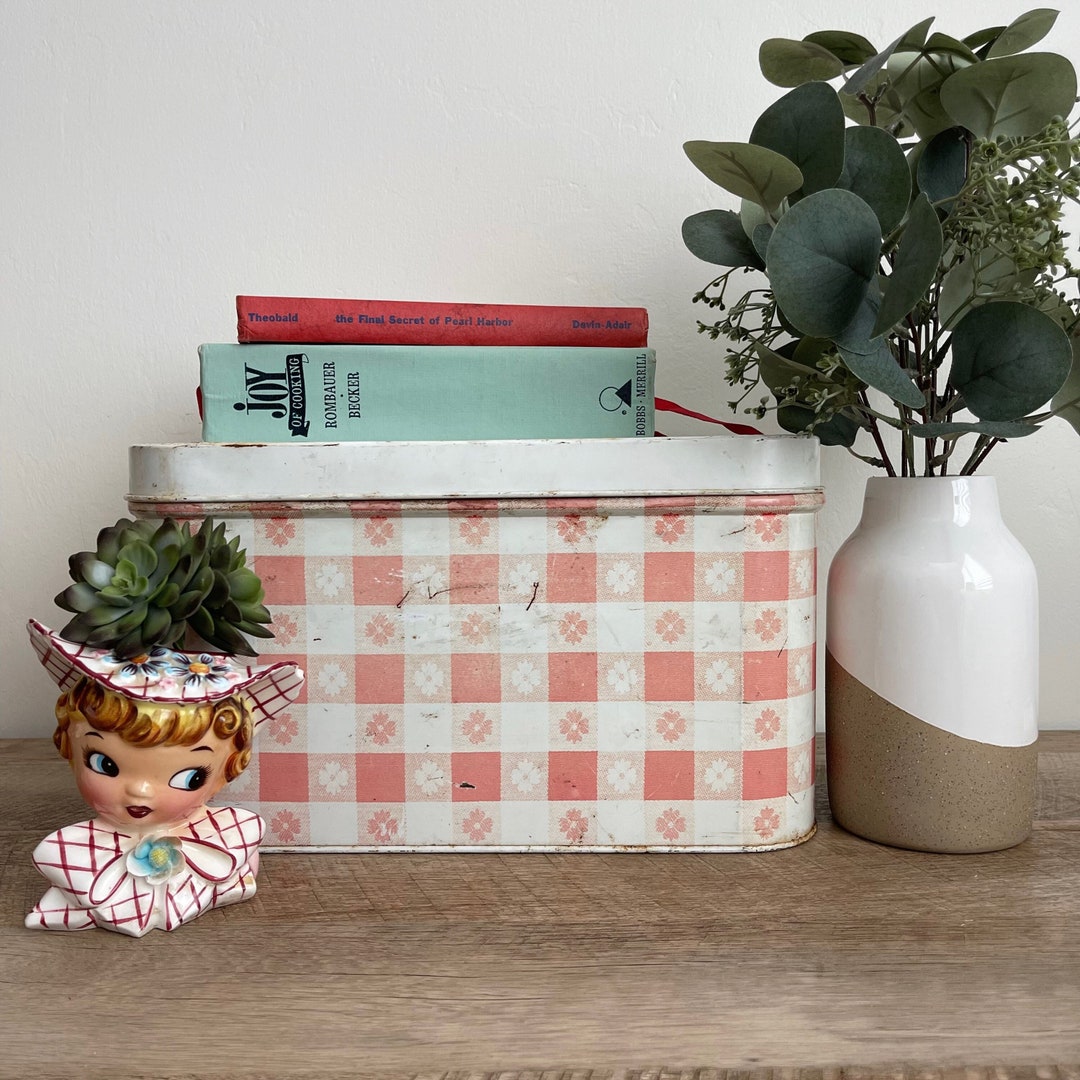 Pink and White Checked - 1950's - Tin Box - Plaid Box - Picnic Box ...