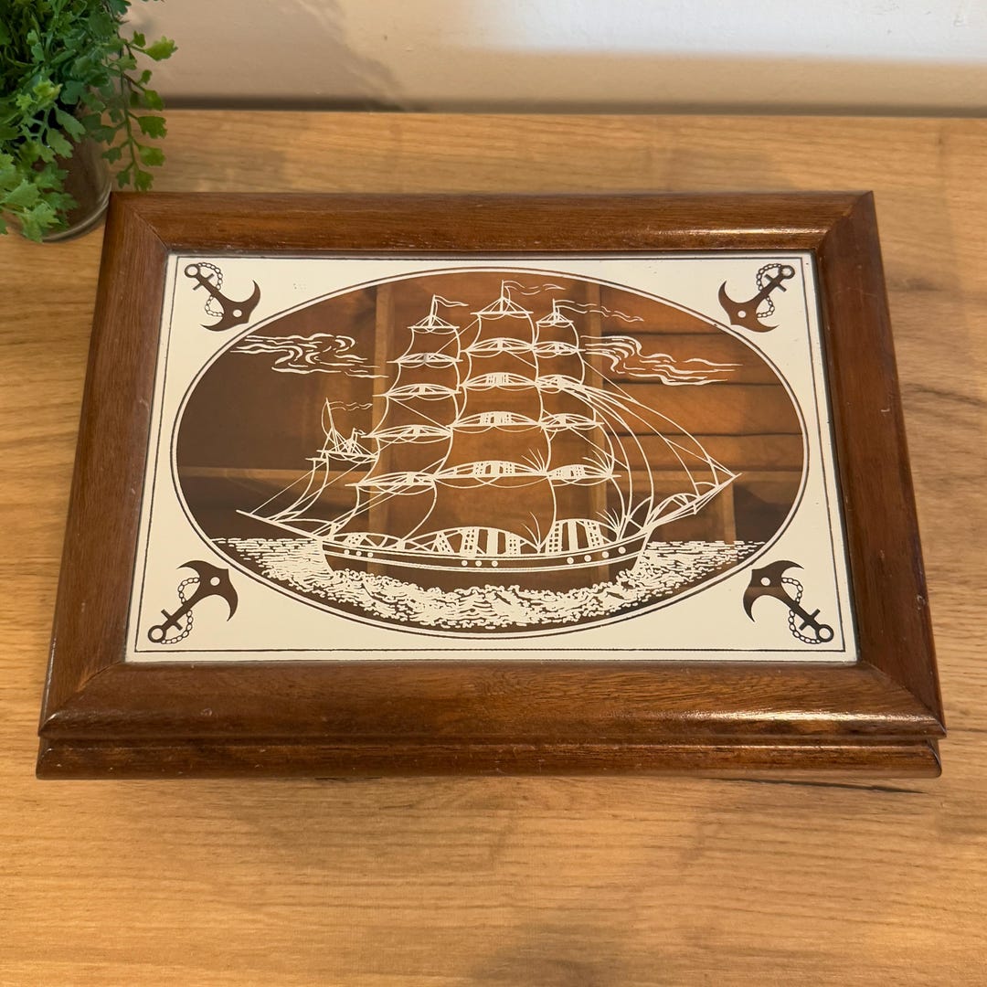 Vintage Nautical Jewelry Box | Wooden Ship Etched Glass Box | Sailboat ...