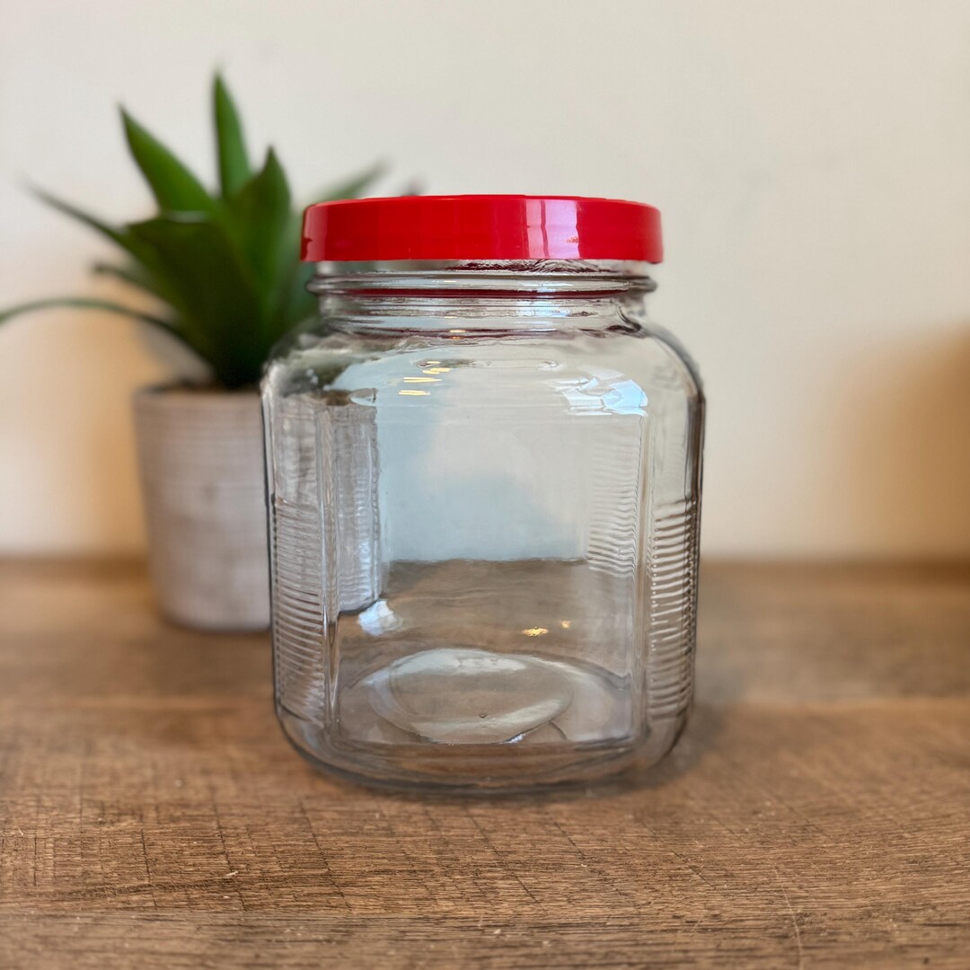Vintage Glass Jar With Red Lid Cabinet Jar Square Jar Junk Jar Canister ...