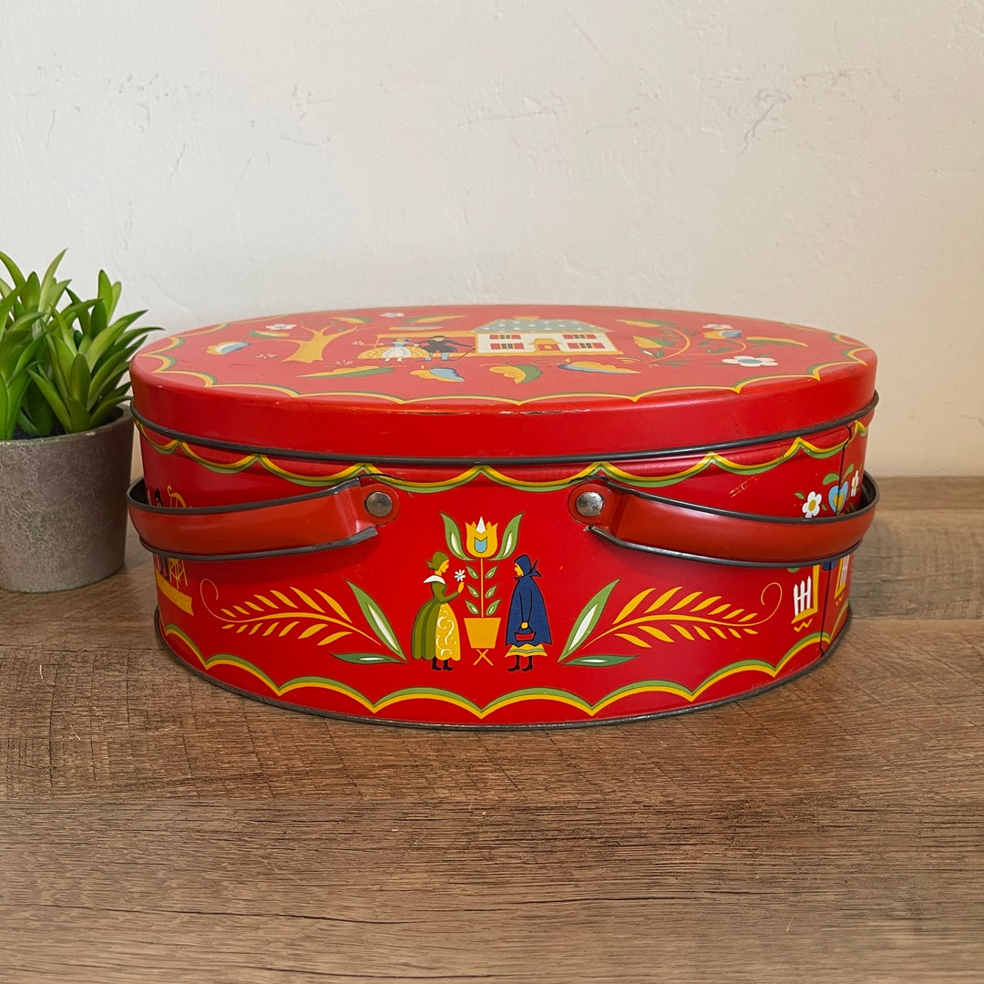 Dutch Picnic Tin - VINTAGE - Red - Pennsylvania Dutch - House - Oval ...