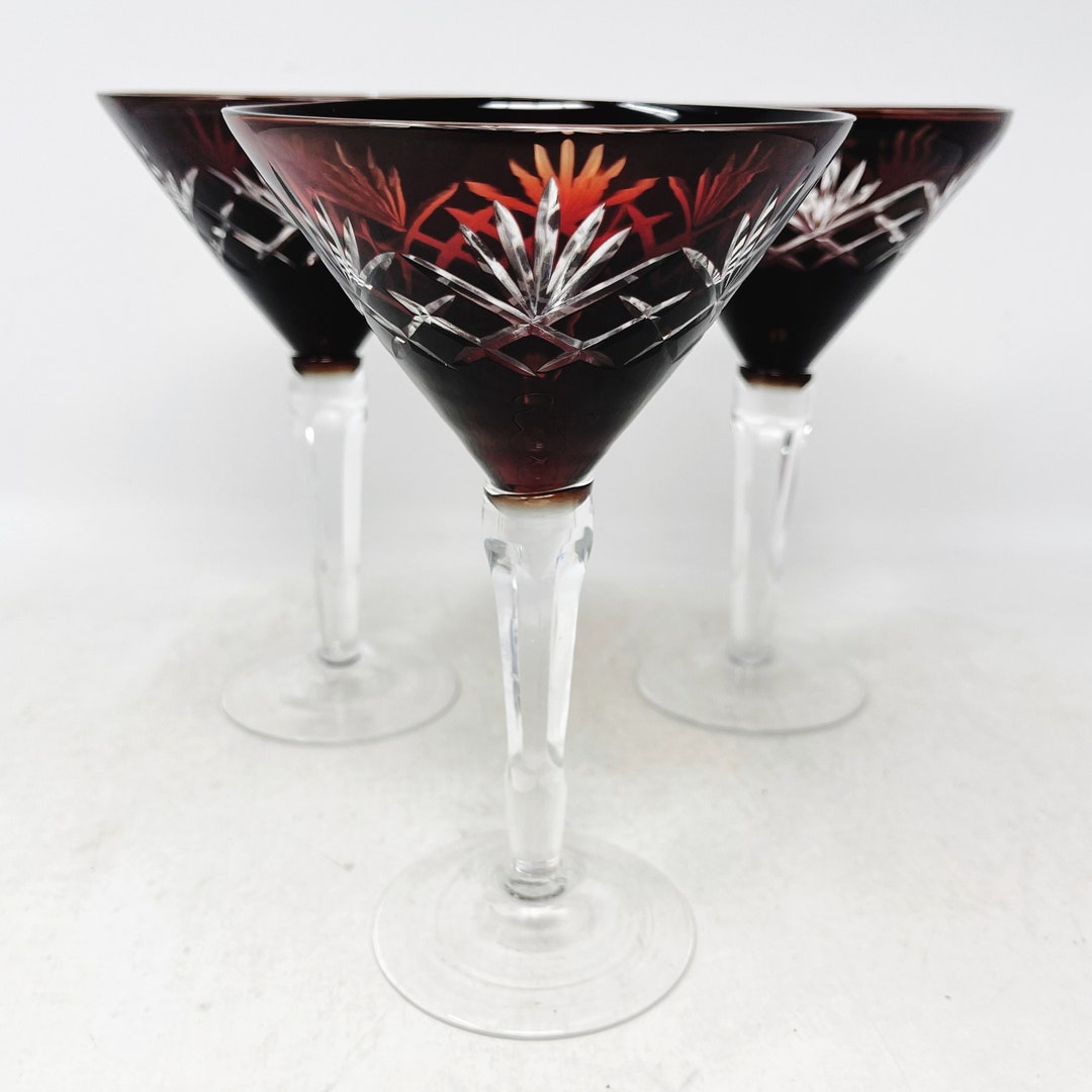 Red Bohemian Wine Glasses - AJKA Odessa Cut Clear Crystal - Set of 3 ...