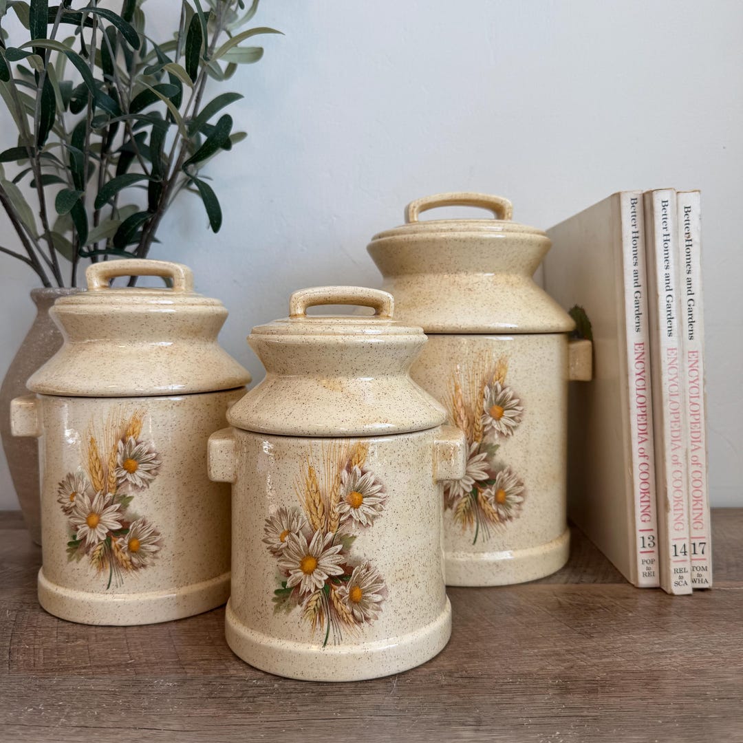 Vintage Daisy Flower Canisters - CHOICE - Milk Can Style - Beige, White ...