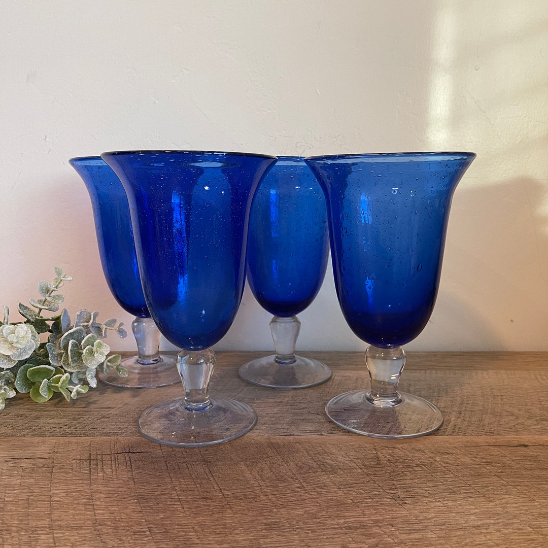 Cristal D'arques Blue Water Goblets - Clear Stem Blue Stemware ...