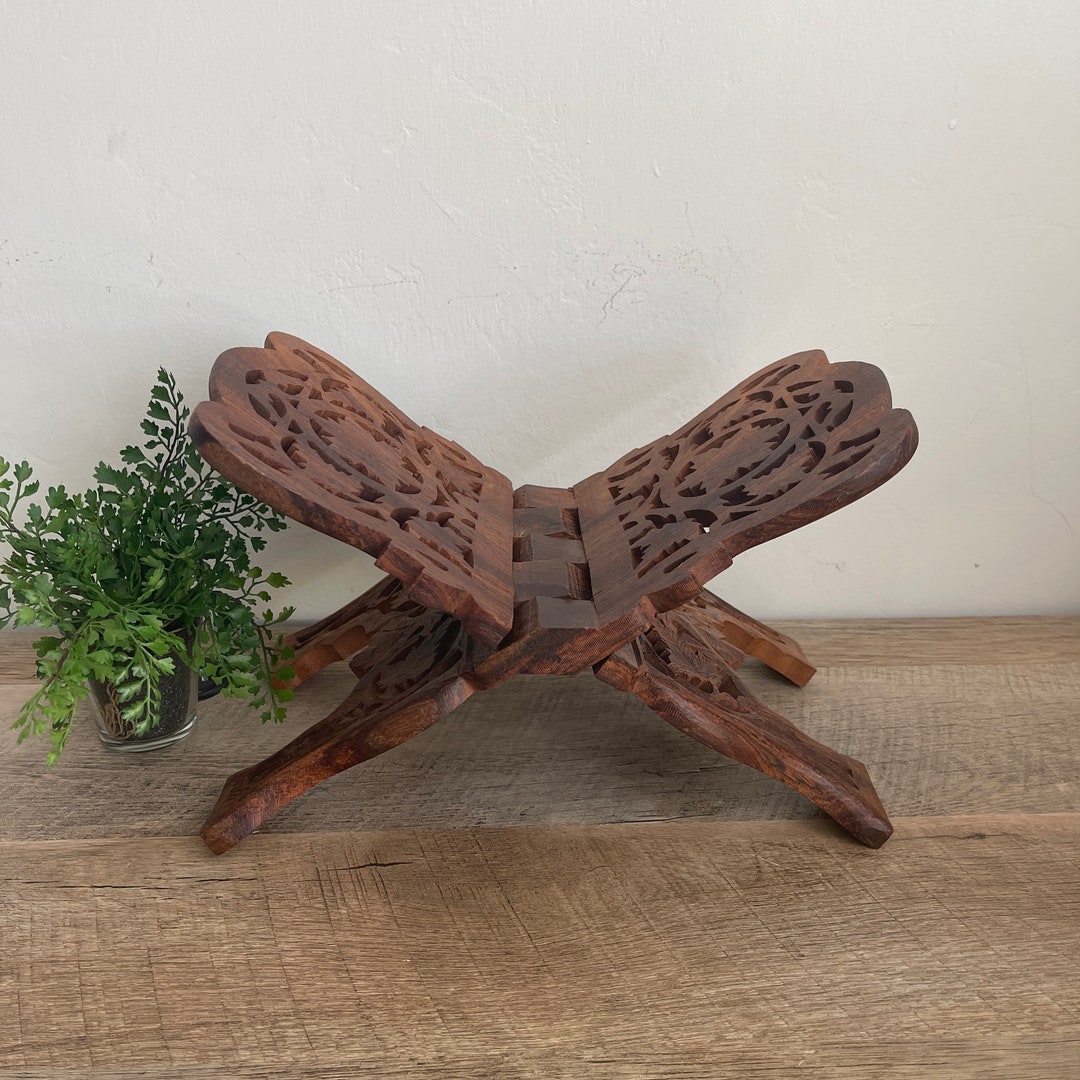 Vintage Carved Wooden Book Stand, Foldable Book Rest, Vintage Wood Book ...