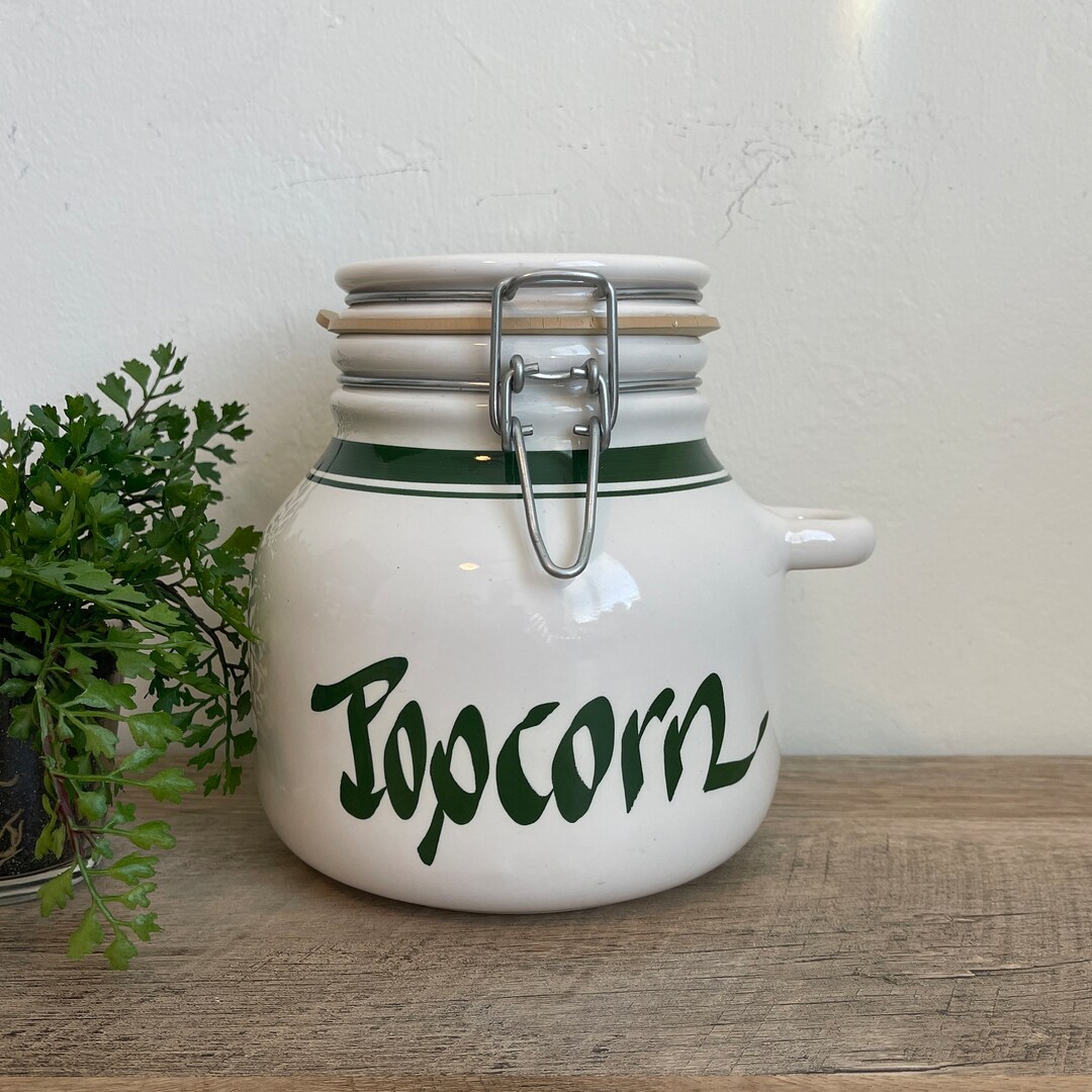 Vintage Popcorn Canister Clay Design Hinged Lid Kitchen Canister Made ...