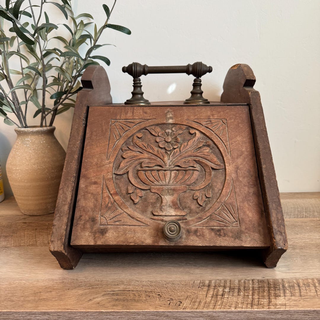 Antique Wood & Brass Coal Scuttle With Floral Carving, Metal Insert W ...