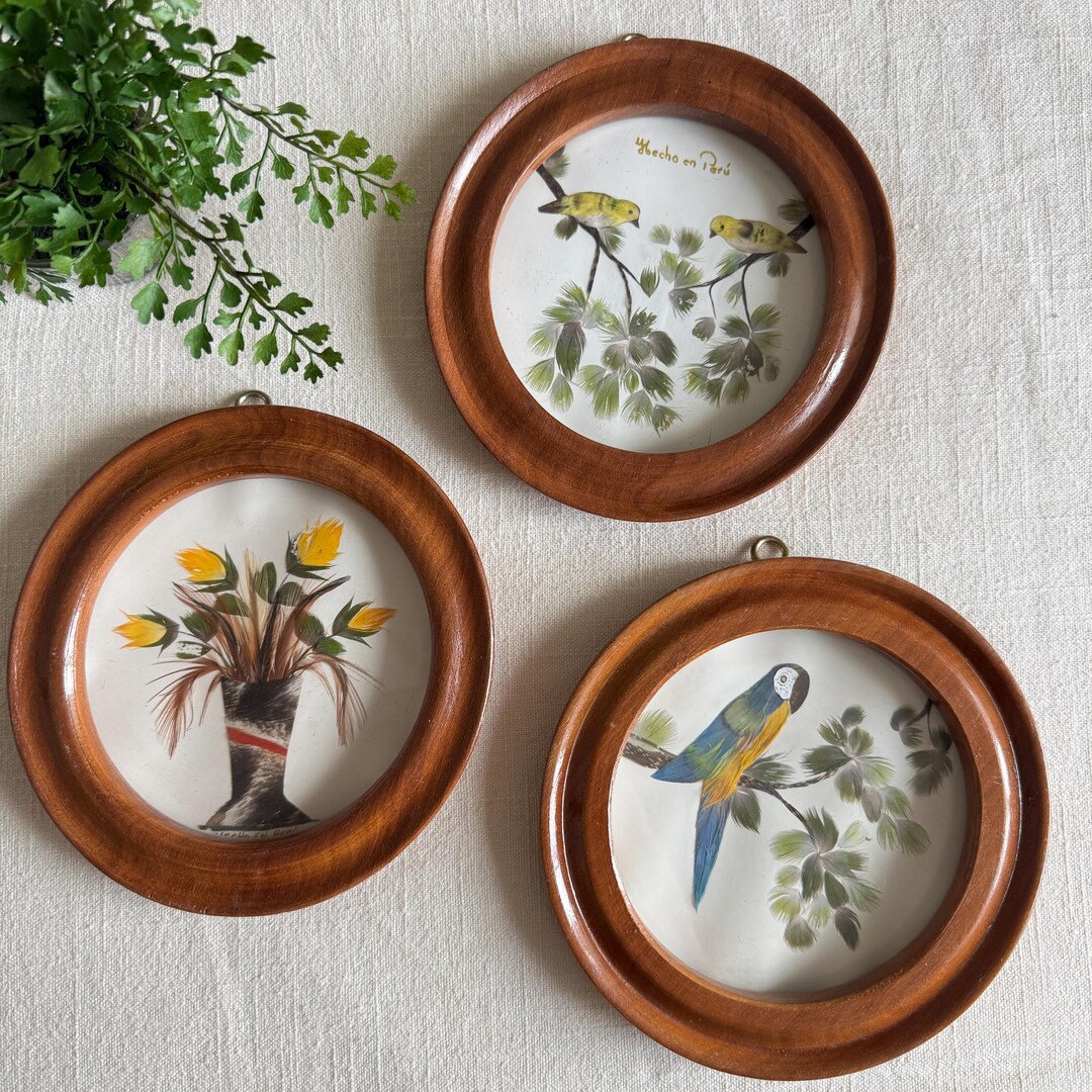 Vintage Feather Art Set | Peruvian Framed Bird & Flower Wall Decor ...