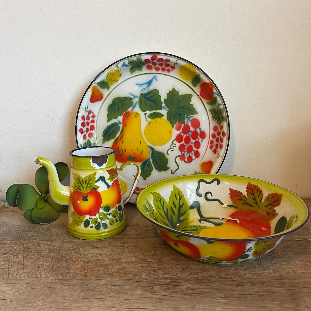 Fruit Granite Ware Teapot, Bowl and Tray YOU PICK Fruits and Leaves ...