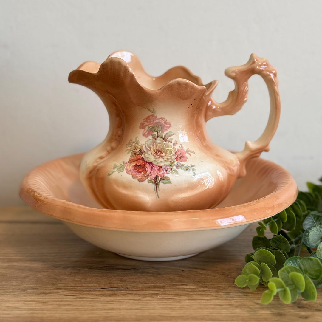 Vintage Wash Basin Set | Ceramic Pitcher and Bowl | Floral Peach Ewer ...