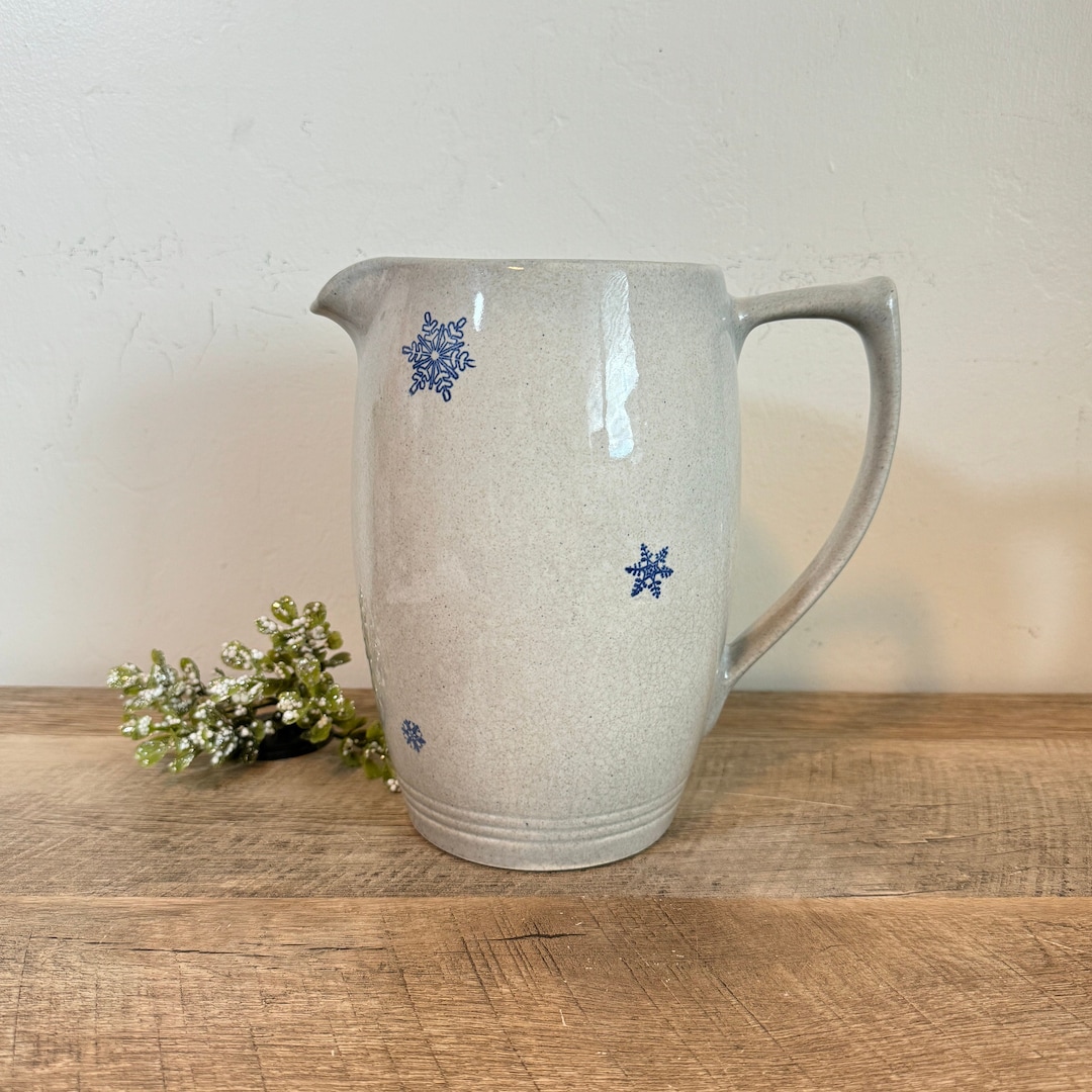 Snowflake Pfaltzgraff Pottery Pitcher - Vintage - Gray and Blue ...