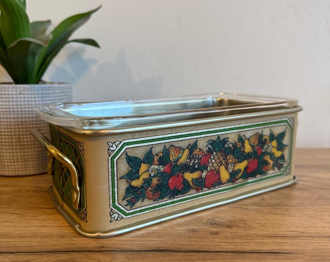 Vintage Pyrex Loaf Pan With Teleflora Holder | Fruit Print Metal Caddy ...