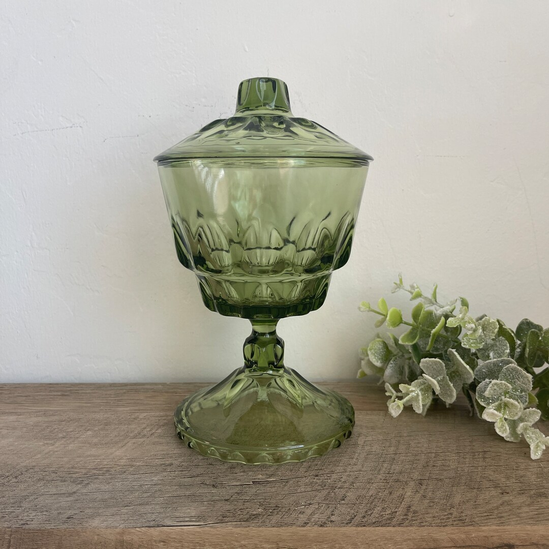 Green Glass Compote - 1960s - Mid-century - Lidded - Hazel Atlas ...