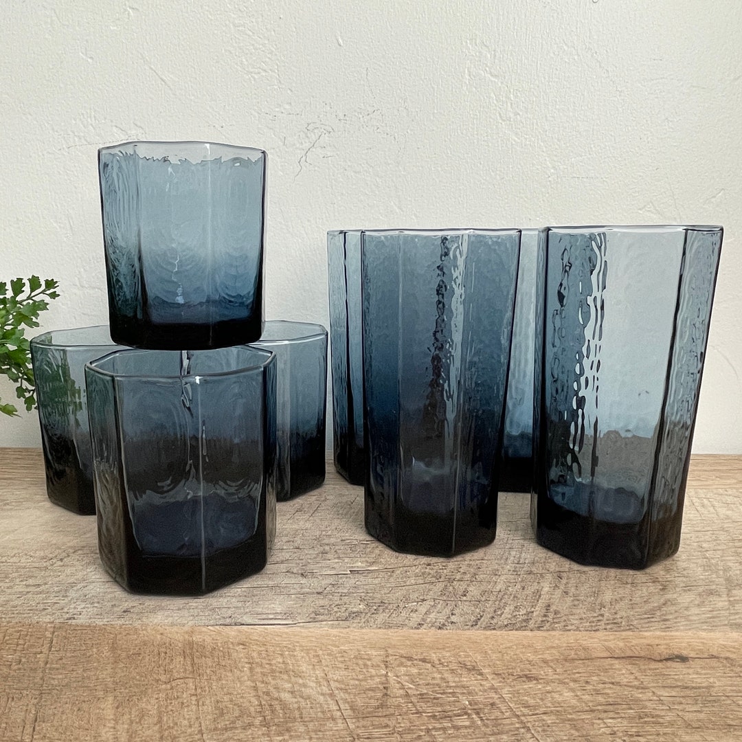 Libbey Blue Glasses Octagonal Facets Cobalt Blue Rocks Old Fashioned Highball Tumblers Vintage