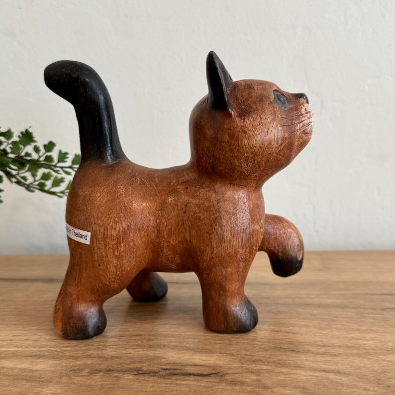Vintage Wooden Cat Figurine | Hand Carved Cat Statue | Boho Shelf Decor ...