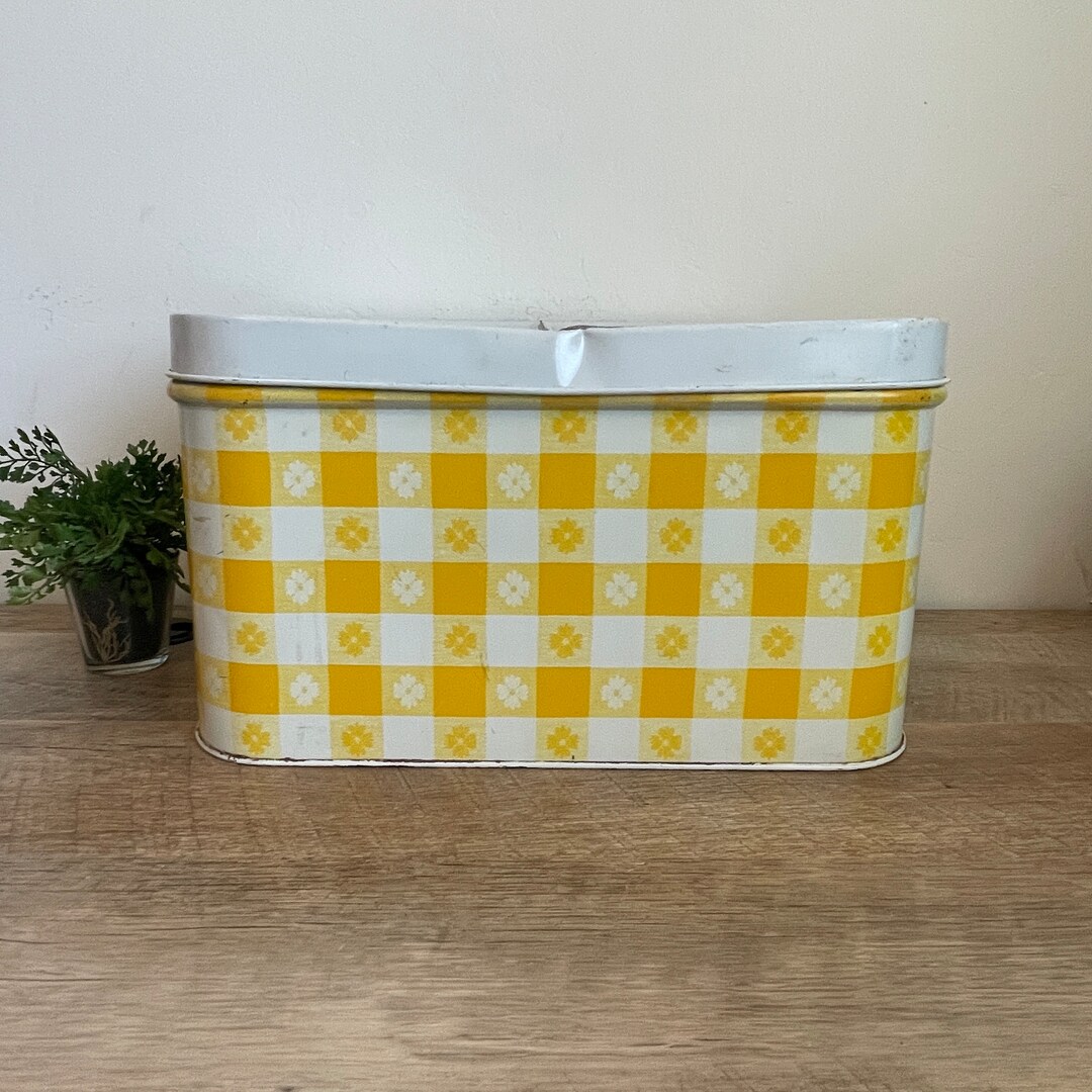 Yellow and White Checked Tin - Bread Box - 1950's - Hinged Tin Box ...