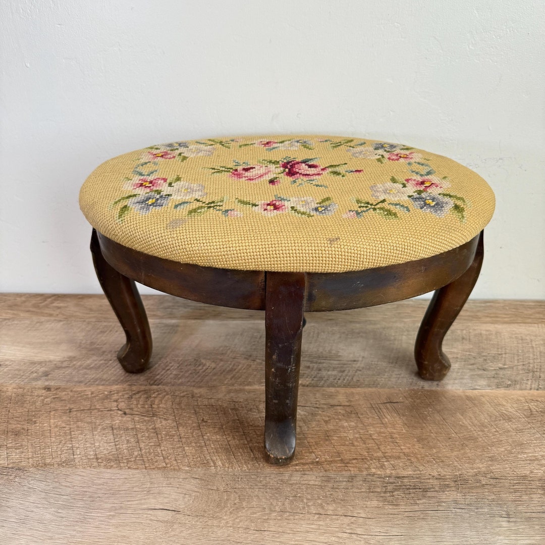 Antique Needlepoint Carved Wood Footstool - Oval Yellow Floral ...