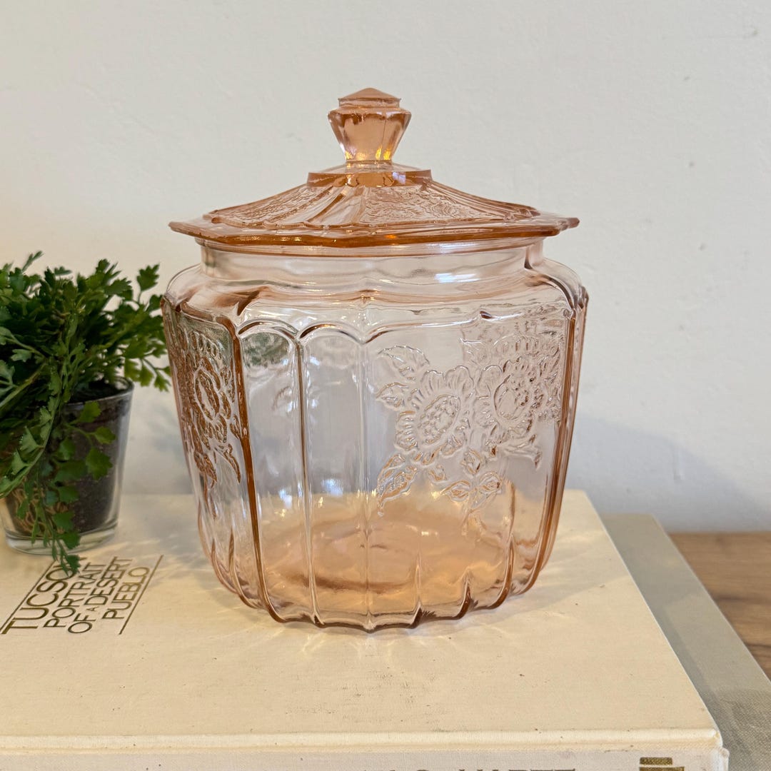 Anchor Hocking Mayfair Open Rose Canister | Pink Depression Glass Jar ...