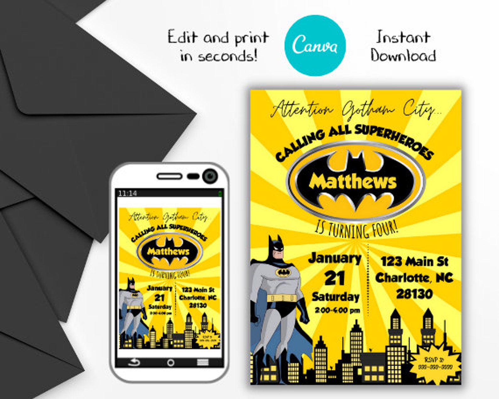 Batman Birthday DIGITAL Invitation Editable Canva Template | Etsy