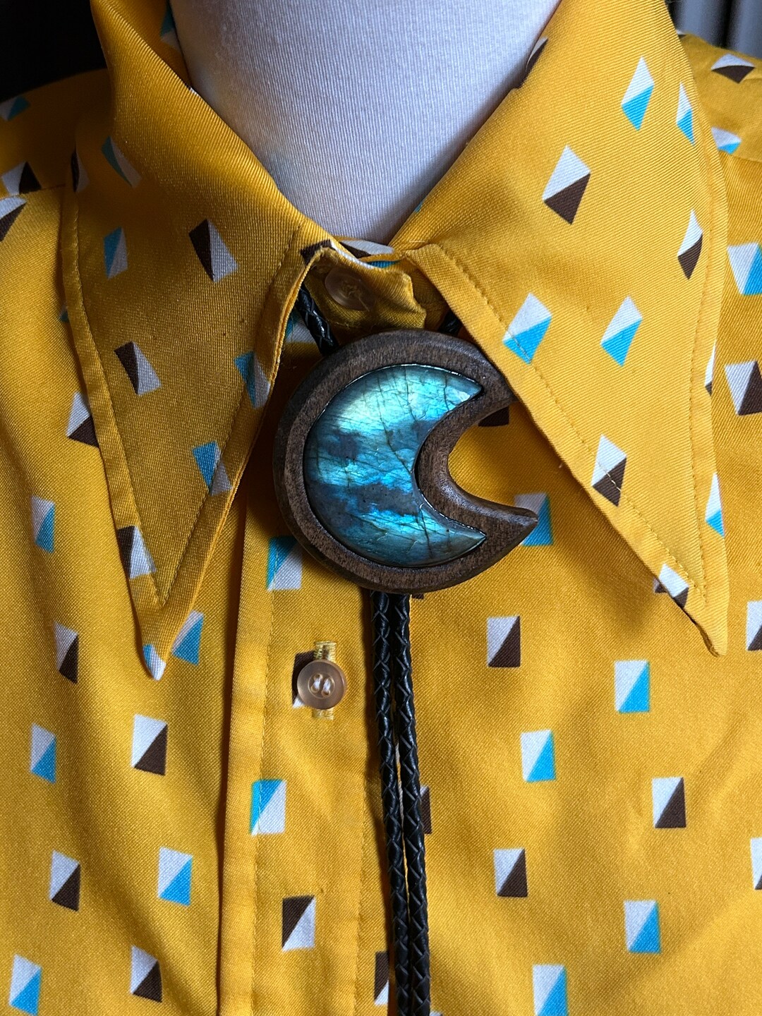 Labradorite Crescent Moon Bolo Tie Hand Carved Wood With Vintage ...
