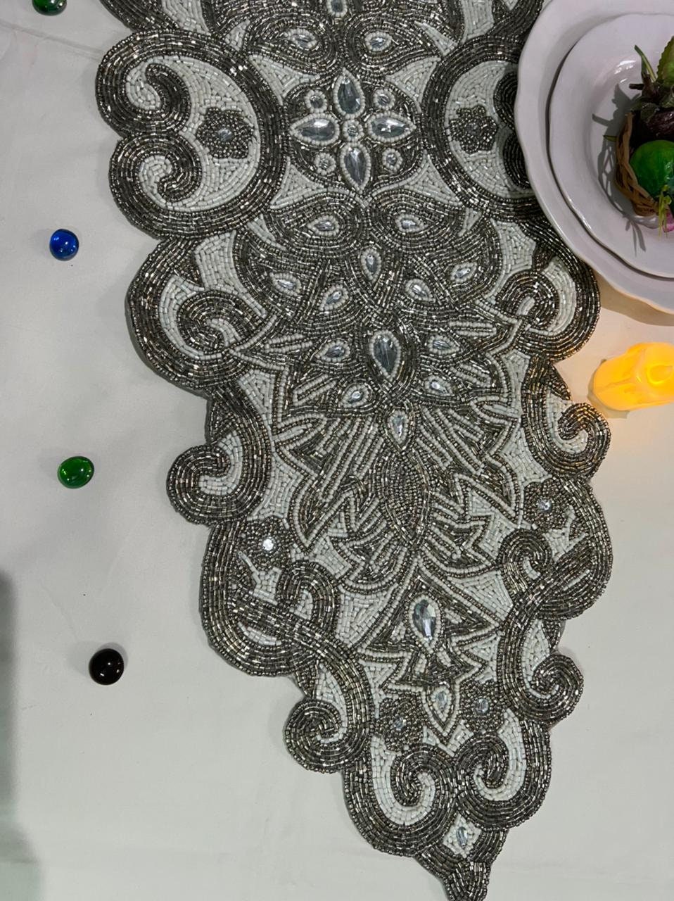 Handmade Beads Table Runner, White and Silver Table Topper, Designer ...