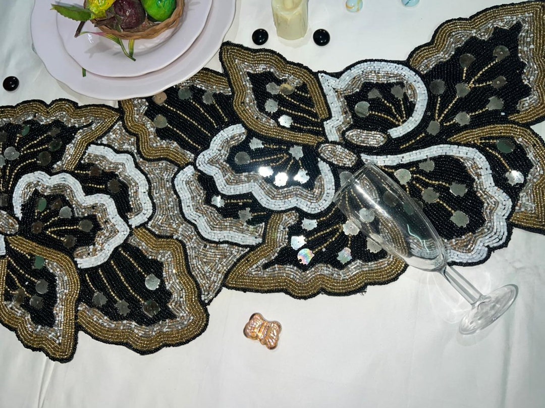 Handmade Bead Table Runner, Black and Gold Table Runner, Designer Table ...