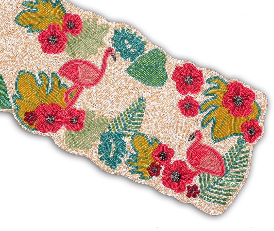 Flamingo Table Runner, Handmade Beaded Table Runner, Spring Tableware ...