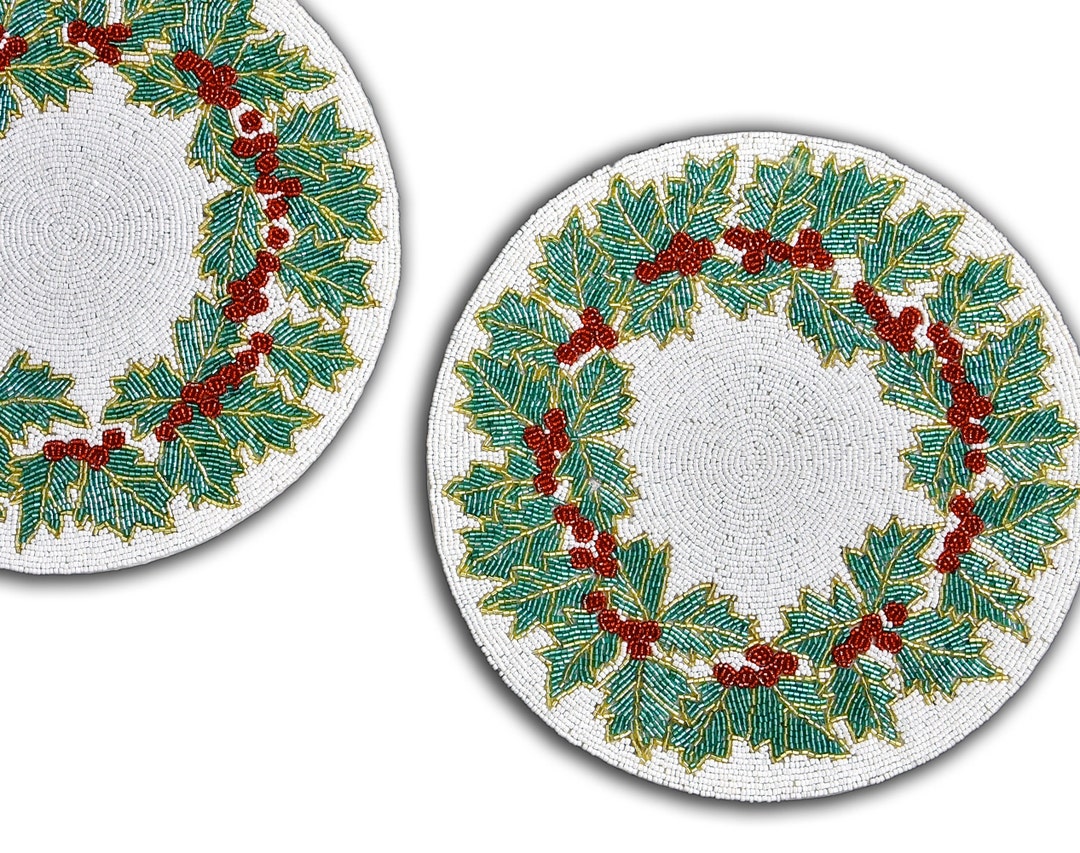 Set of Handmade Beads Table Mats, Holly Berries Design Placemats ...