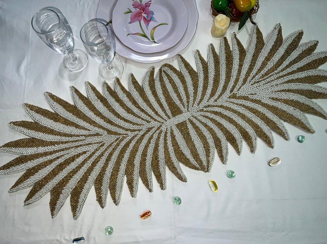 Handmade Beads Table Runner, Gold and White Leaves Design Table Runner ...