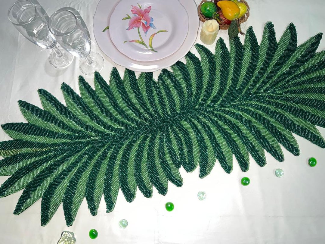 Green Leaves Table Runner, Handmade Beaded Table Topper, Spring ...