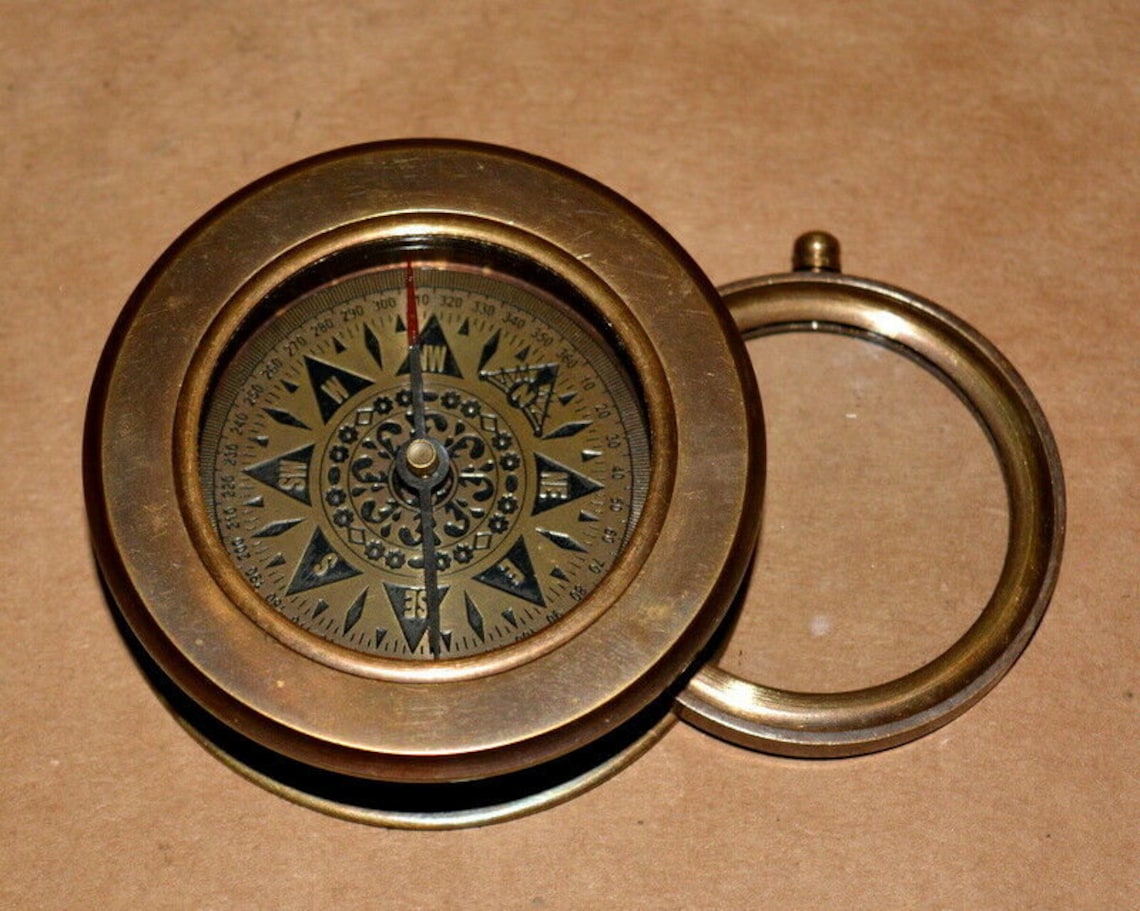 Antique Brass Compass 2.75 With Folding Magnifying Glass - Etsy