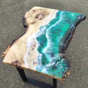Shark Ocean Epoxy Side Table, Live Edge Coastal Accent Table, Handmade ...