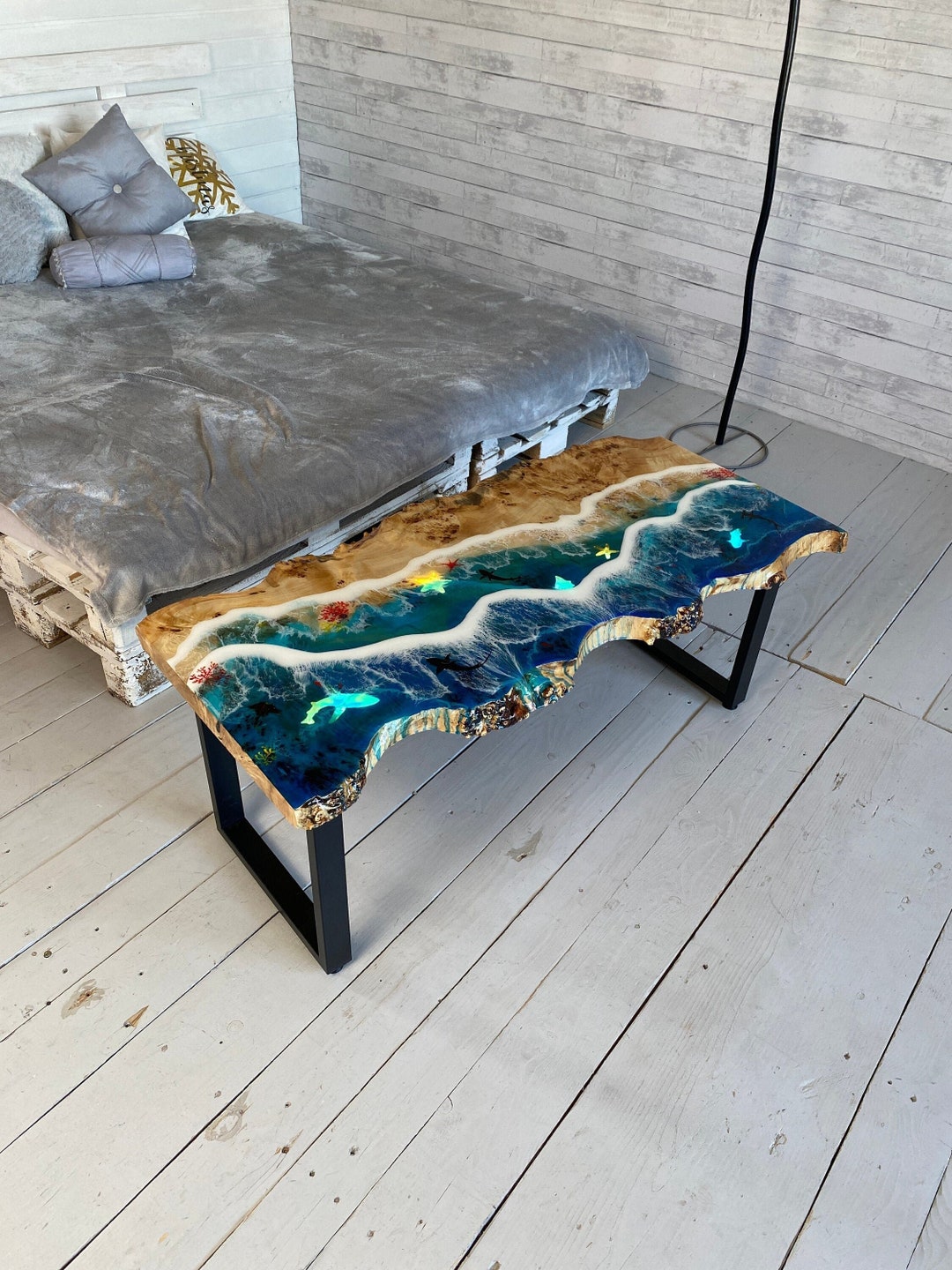 Epoxy Ocean Table, Table With Glowing Stringways, Wave Table, 3D Fish ...