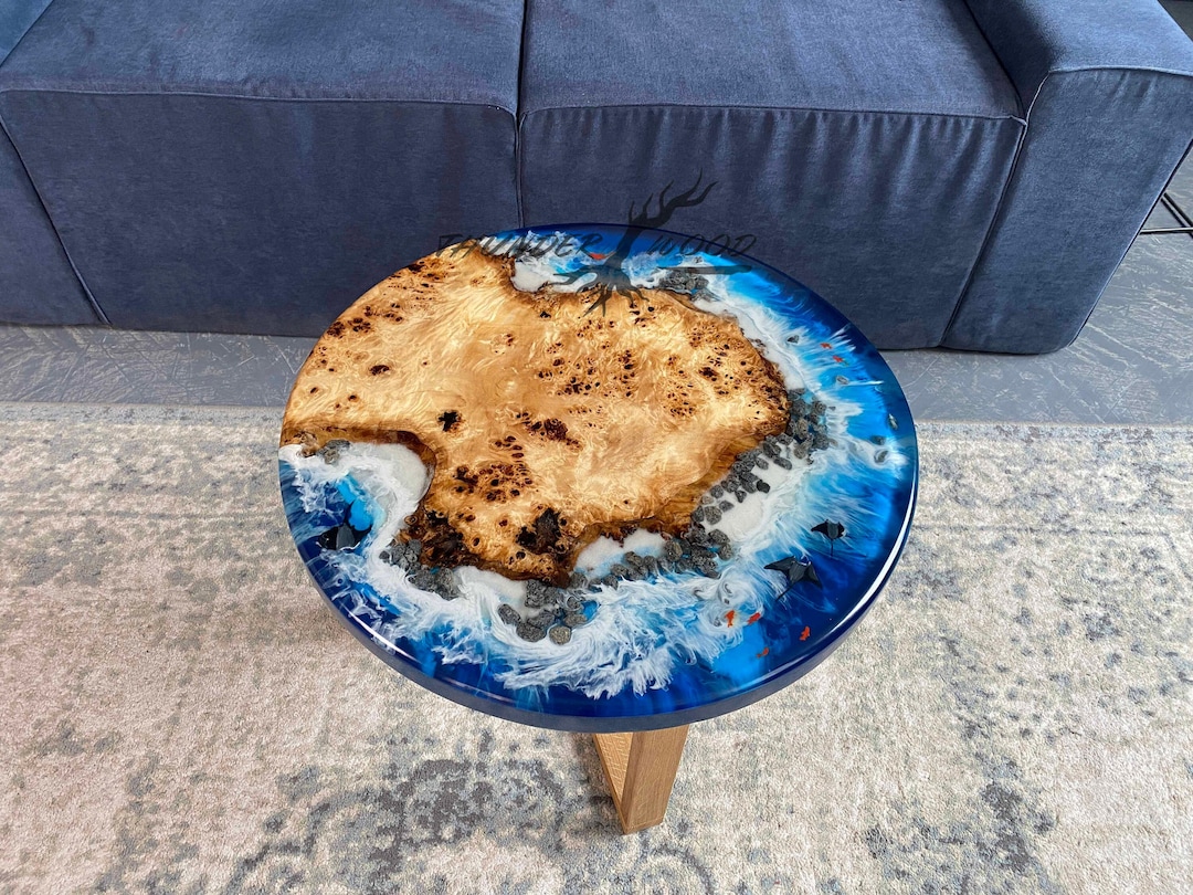 Aquarium Epoxy Resin Table, Small Round Coffee Table, Ocean Wave Side ...