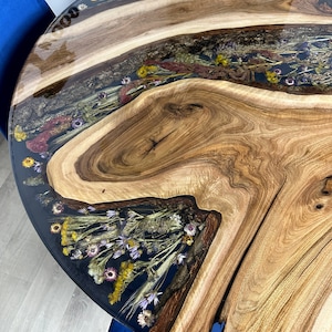 Round Epoxy Coffee Table With Flowers, Floral Resin Coffee Table, Wood ...