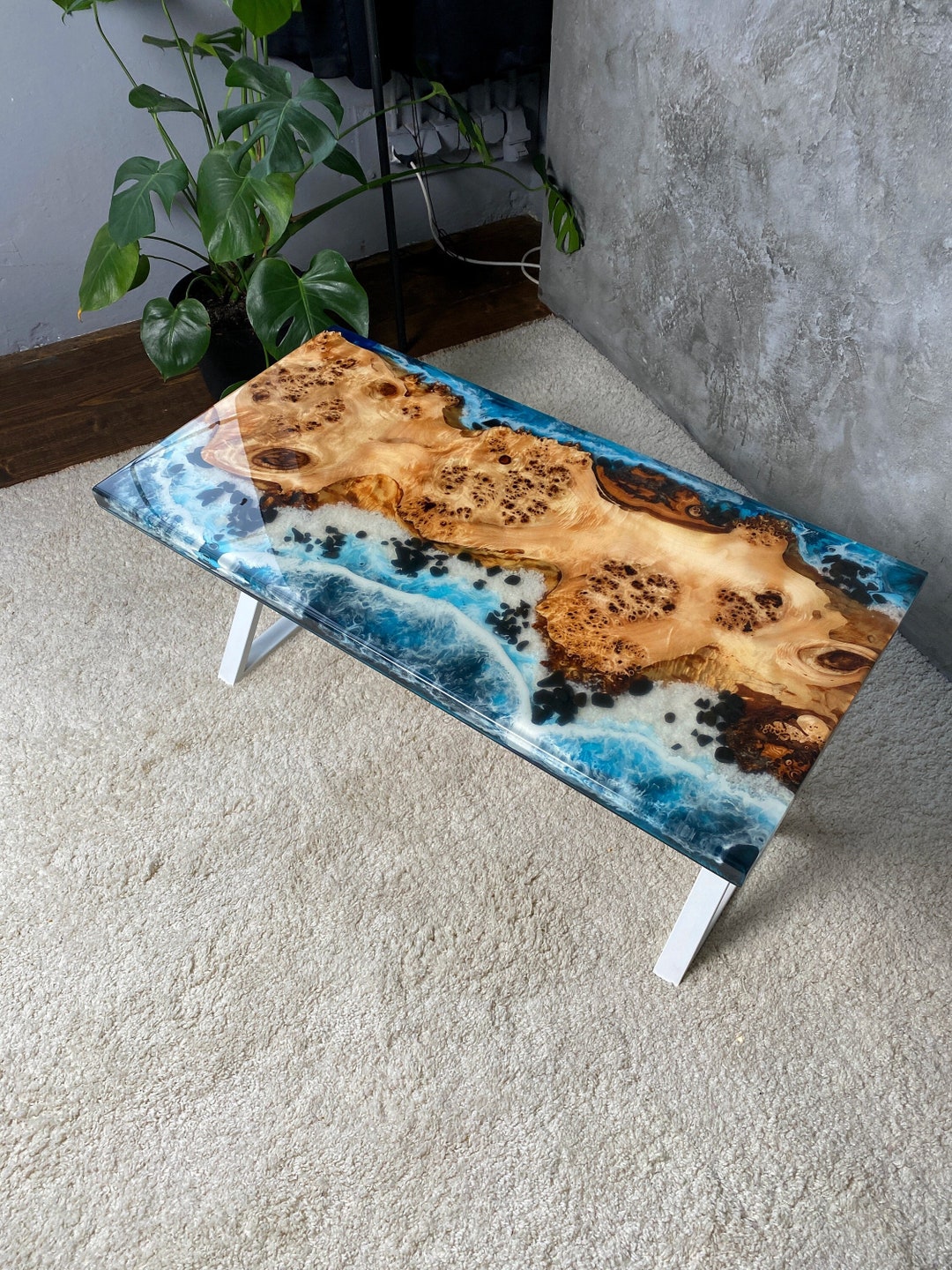 Custom Resin Wood Desk, Ocean Epoxy Beach Furniture, Live Edge Coffee ...
