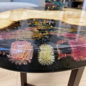 Real Floral Epoxy Coffee Table, Black Resin Coffee Table With Flowers ...