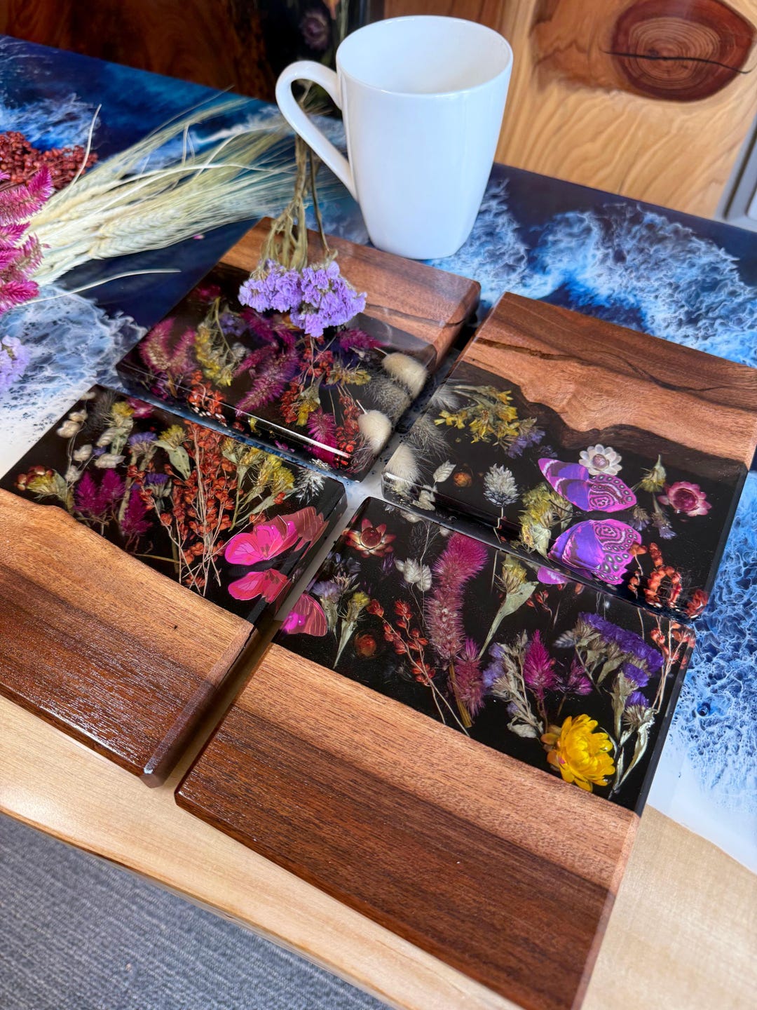 Wood Resin Coasters With Dry Flowers Set of 2/3/4/6/8/10, Floral Resin ...