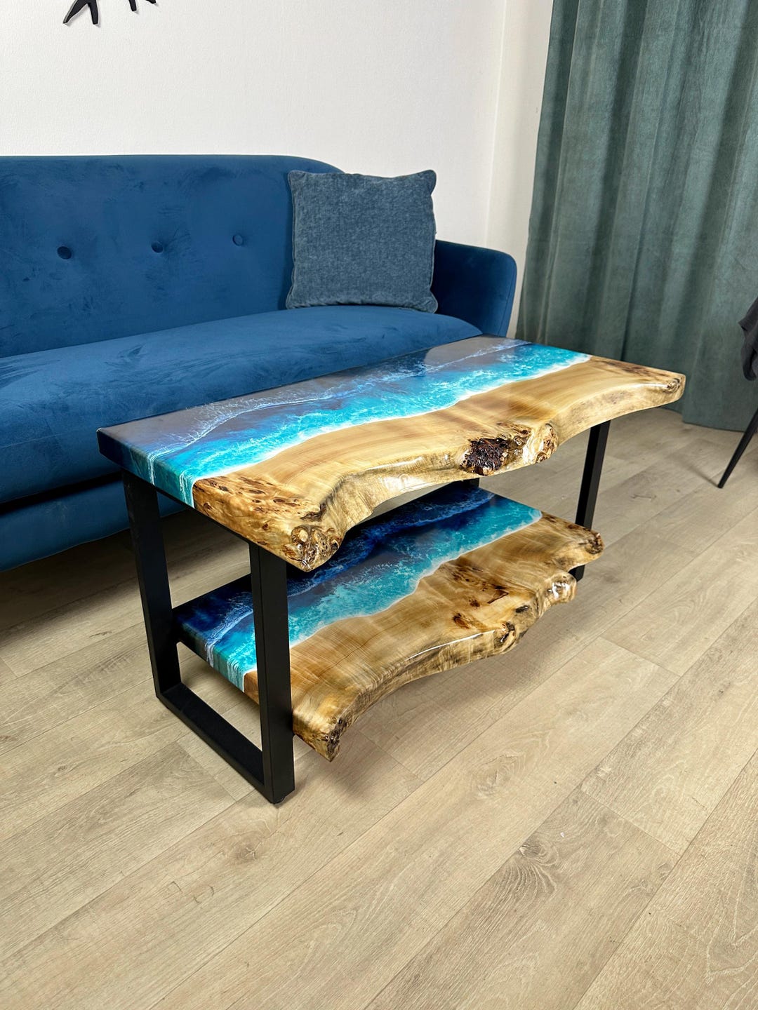 Live Edge Waterfall Dining Table With Shelf, Modern Wood Table ...