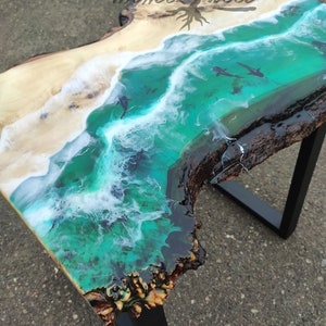 Shark Ocean Epoxy Side Table, Live Edge Coastal Accent Table, Handmade ...