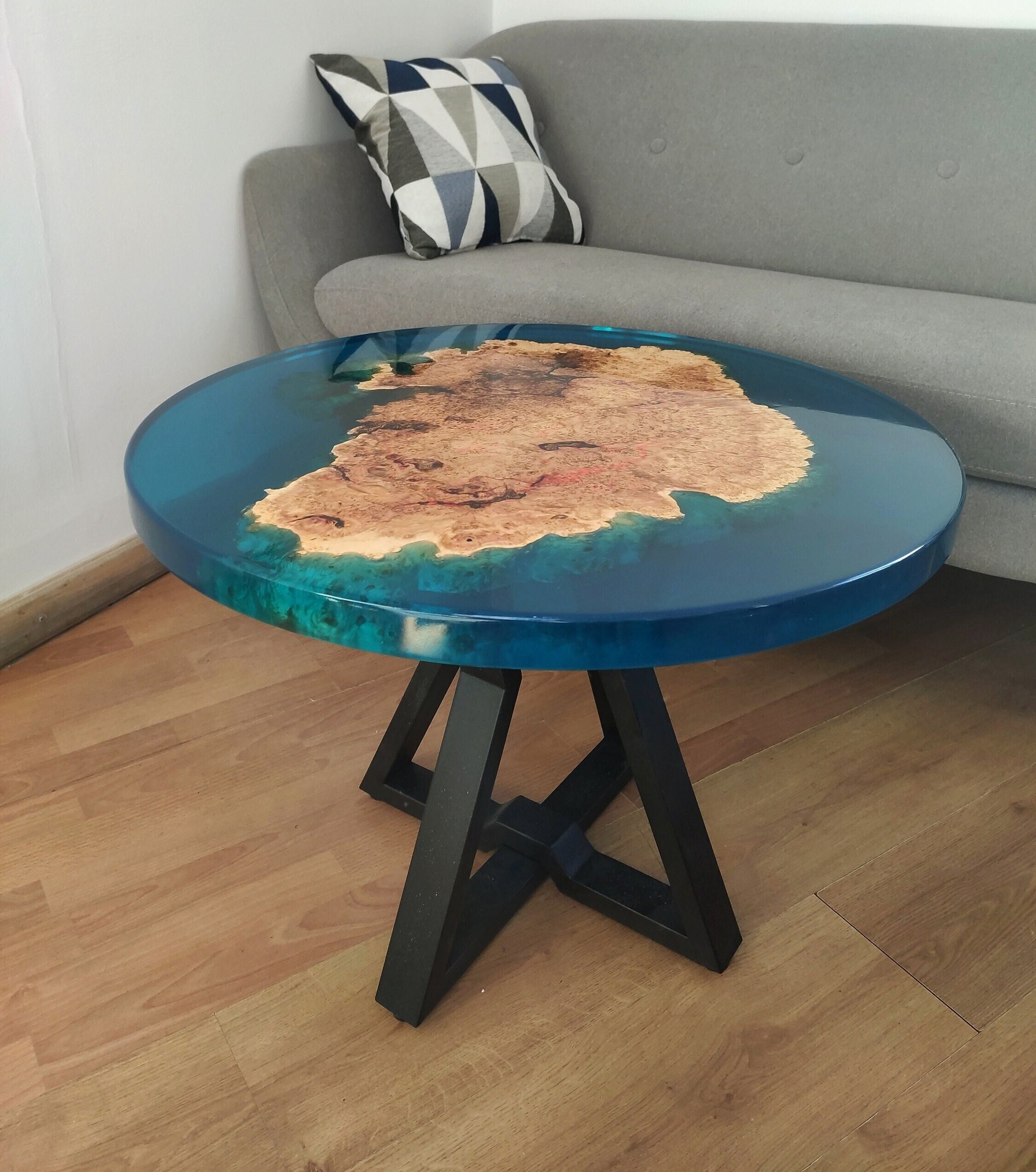 Custom Resin Wood Table on Metal Base, Blue Accent Table, Dining Room ...