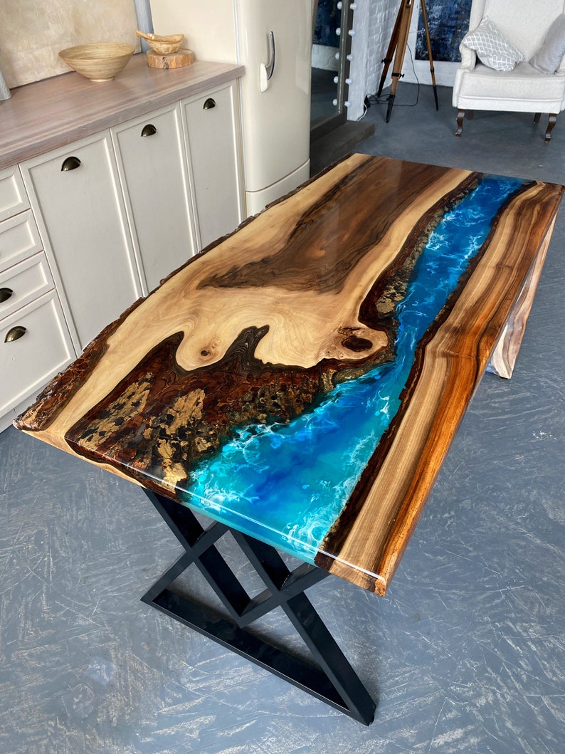 Waterfall Epoxy Resin Dinning Table, Blue River Bar Table, Kitchen ...