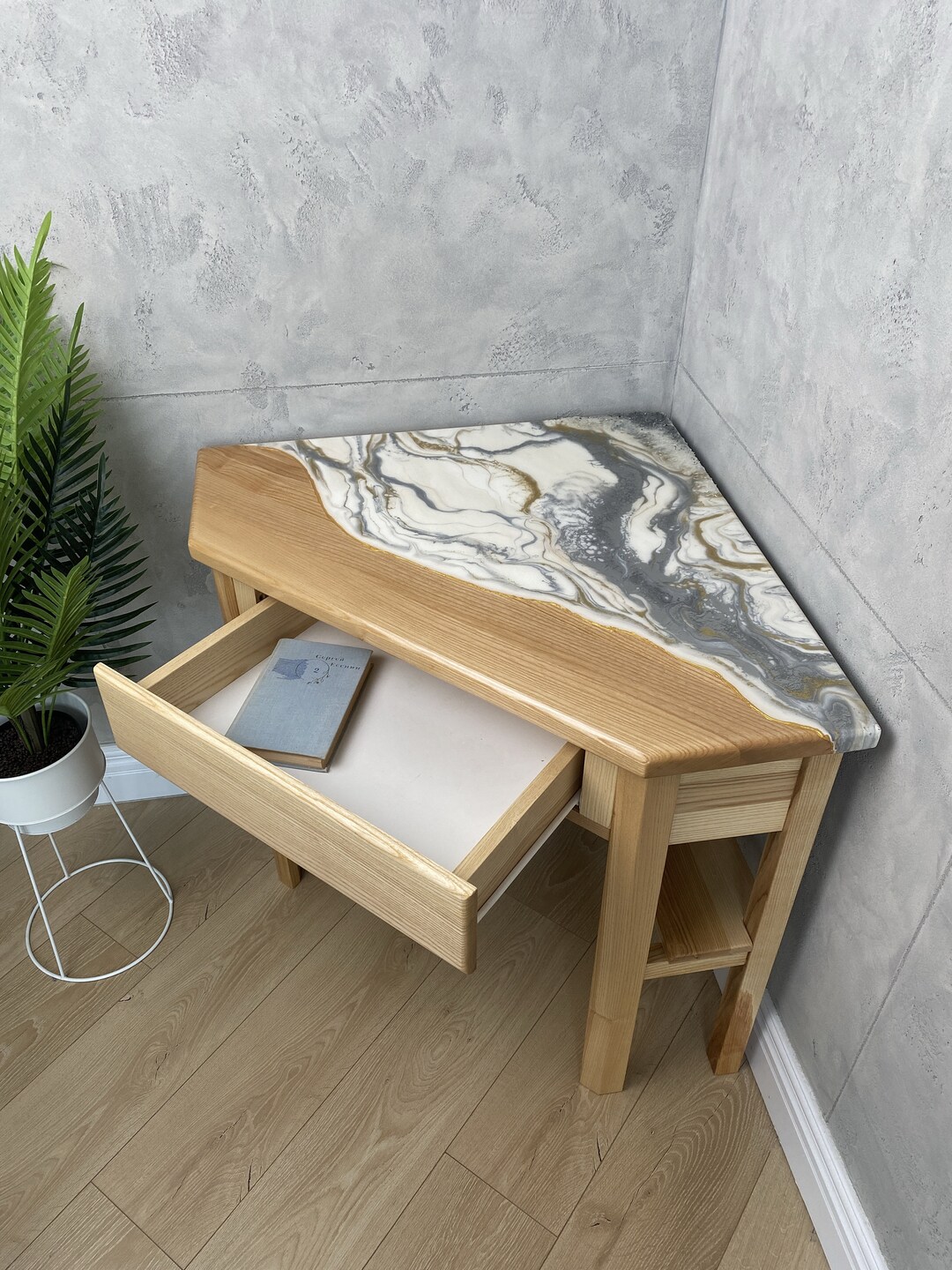 Epoxy River Corner Console Table With Drawer, Solid Wood Small Desk ...