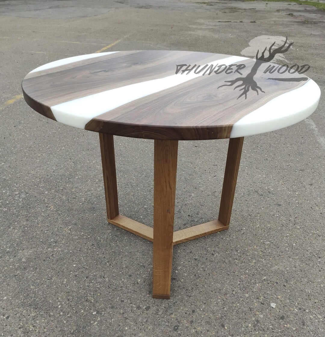 Walnut & White Epoxy Resin Table, Round Modern Dining Table, Wooden ...
